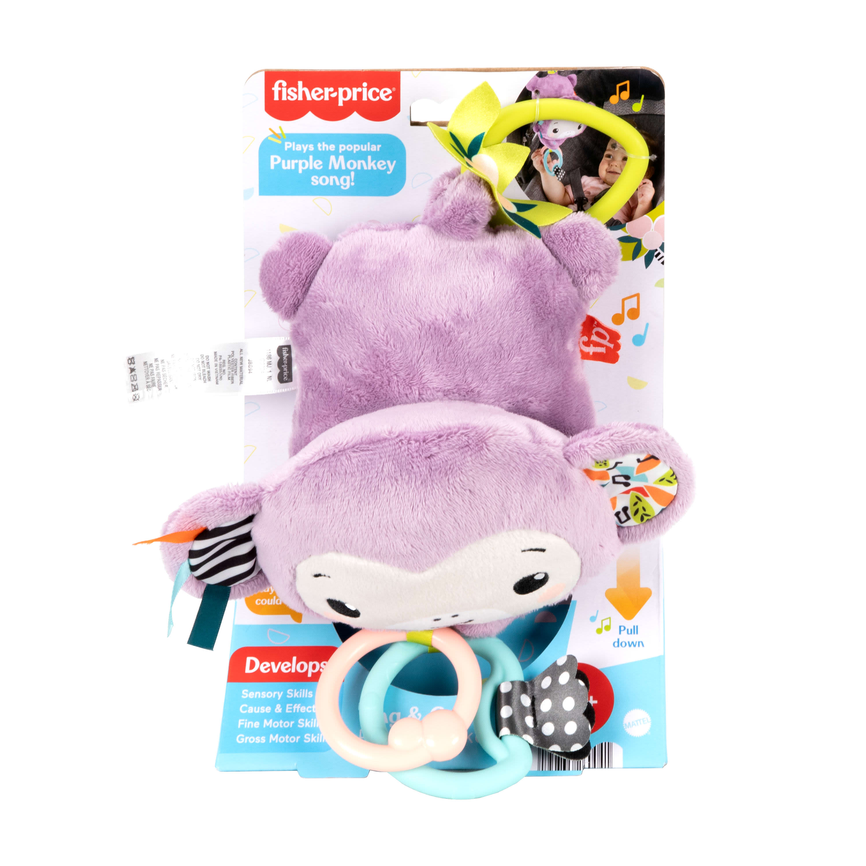 Fisher-Price Sing & Go Purple Monkey Plush Baby Stroller Sensory Toy f ...